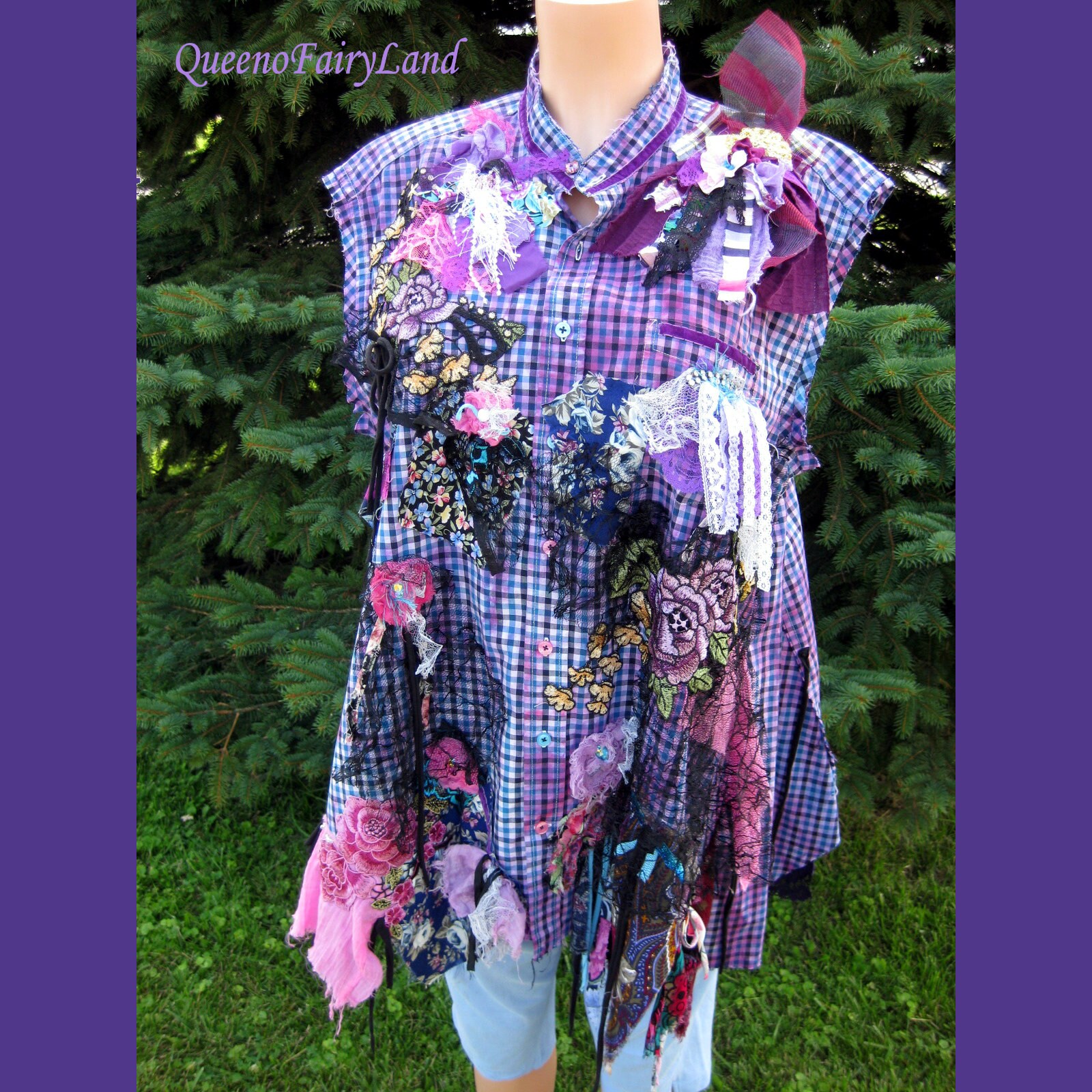 Art to Wear Tattered Purple Plaid, Tie Dyed Tunic Top up to 48 Bust, 2X ...