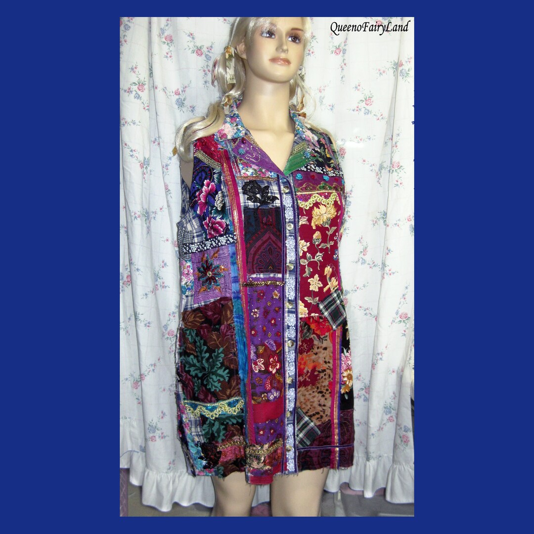 Crazy Folk Art Dress Bust up to 48" Size 22W, Upcycled Tattered Fabric ...
