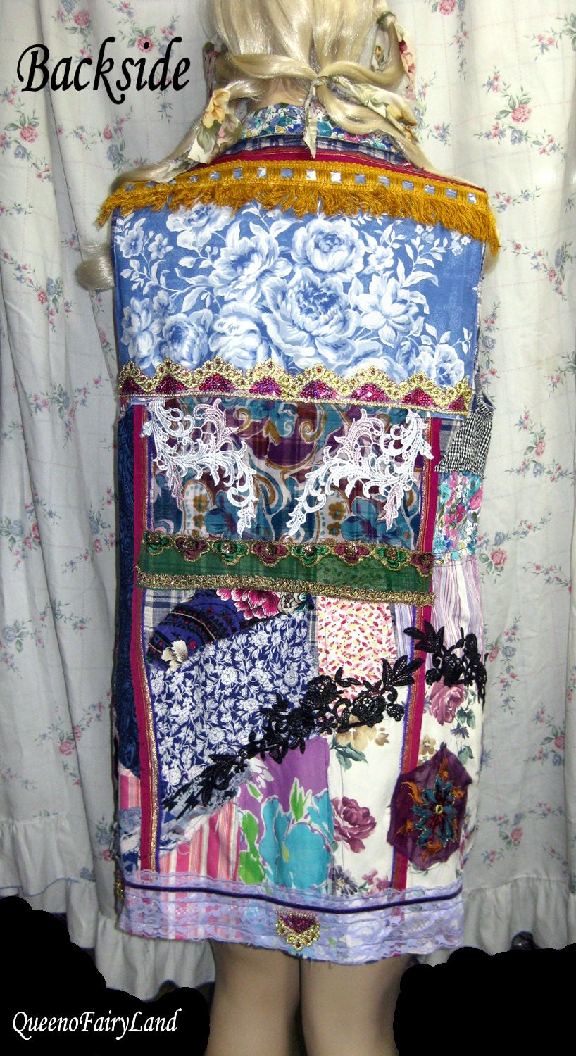 Crazy Folk Art Dress Bust up to 48" Size 22W, Upcycled Tattered Fabric ...