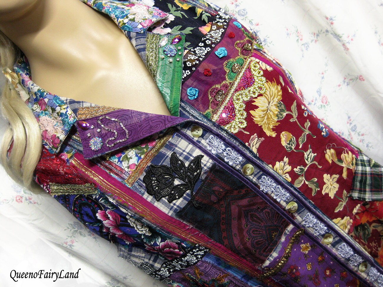 Crazy Folk Art Dress Bust up to 48" Size 22W, Upcycled Tattered Fabric ...
