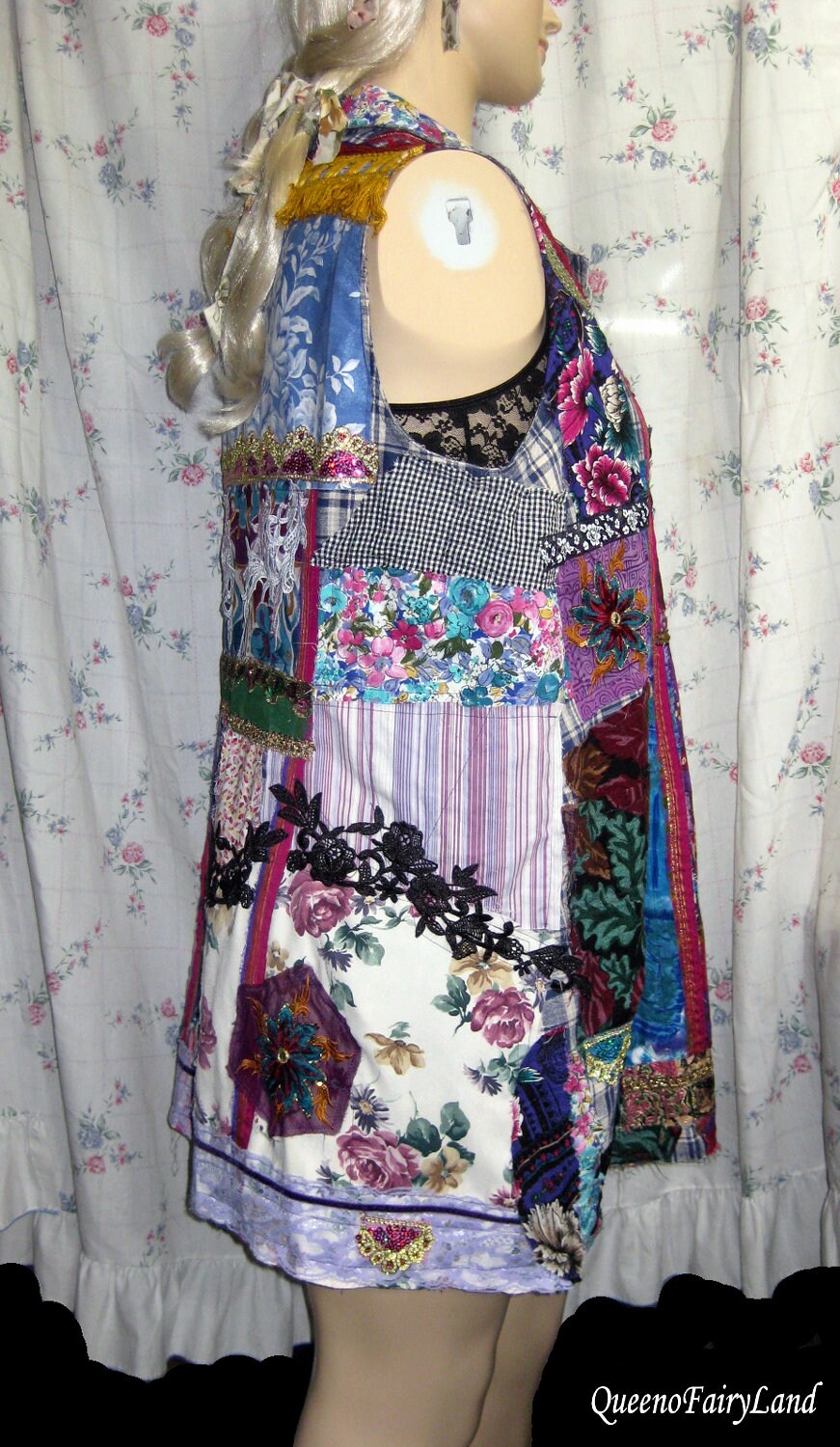 Crazy Folk Art Dress Bust up to 48" Size 22W, Upcycled Tattered Fabric ...