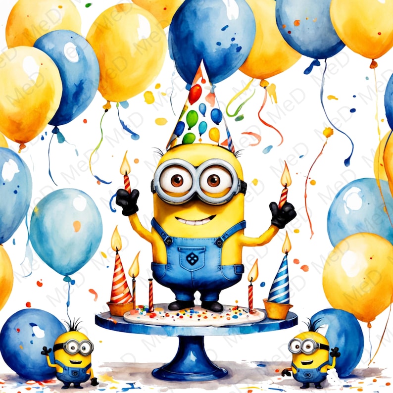 9 PNG de cumpleaños de Minions, estilos de acuarela y salpicadura ...