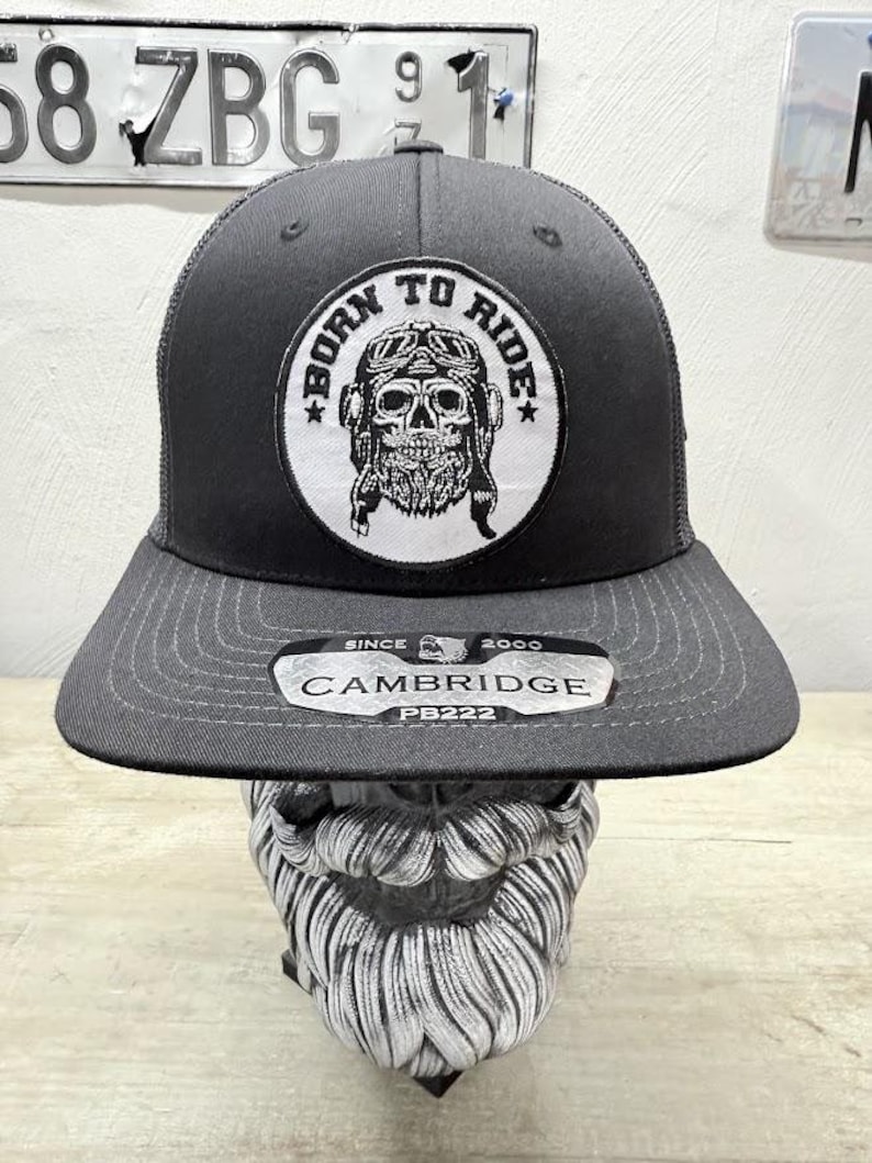 Born to Ride Biker Trucker Hat With Skull and Beard Embroidery Patch ...