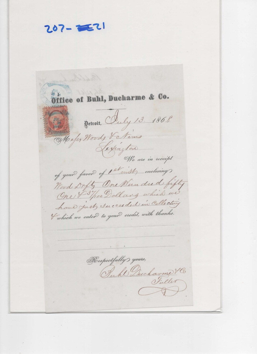 Vintage 1868 Detroit Receipt HIGH DOLLAR Revenue Stamp Document 207-21 ...