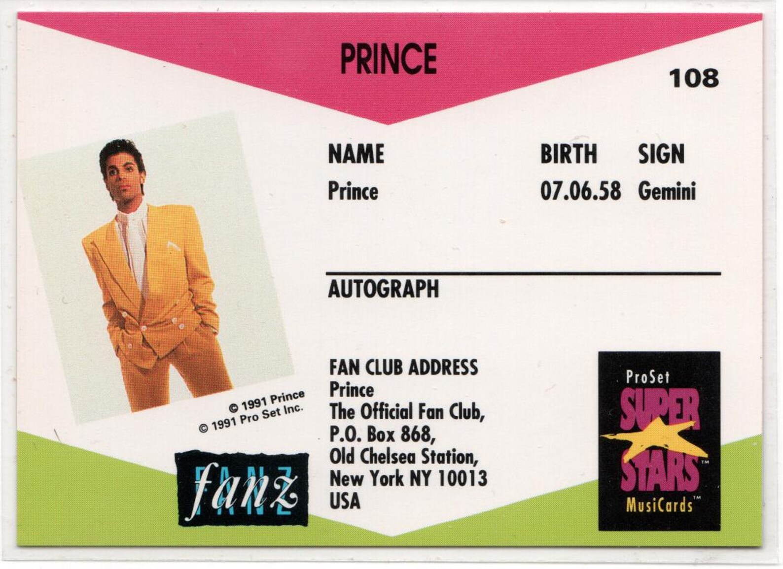 1991 UK Pro Set Fanz PRINCE Autograph Music Card - Etsy