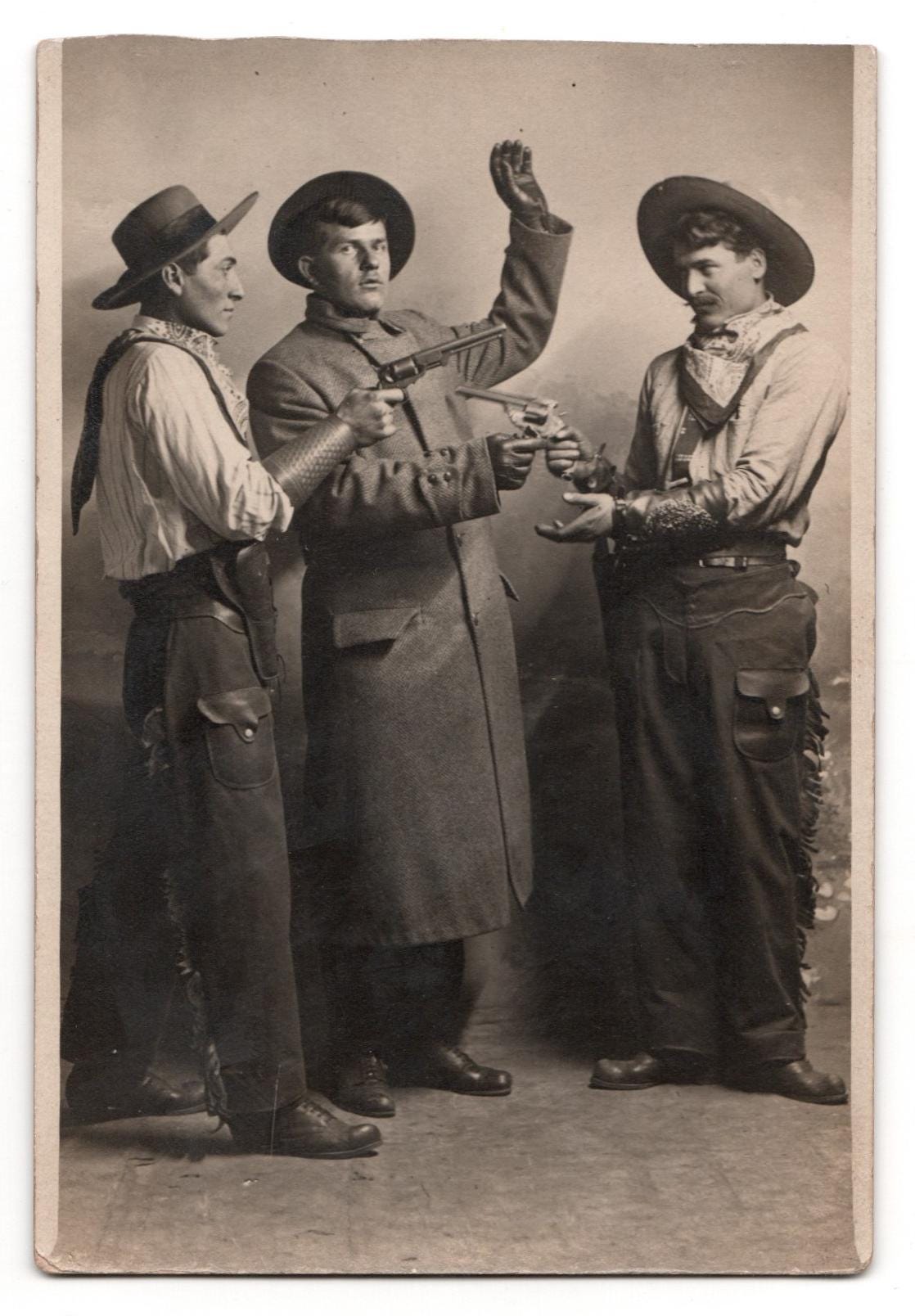 C 1890-1899 Old West Cowboy Robbery Studio Scene RPPC Trimmed Postcard ...
