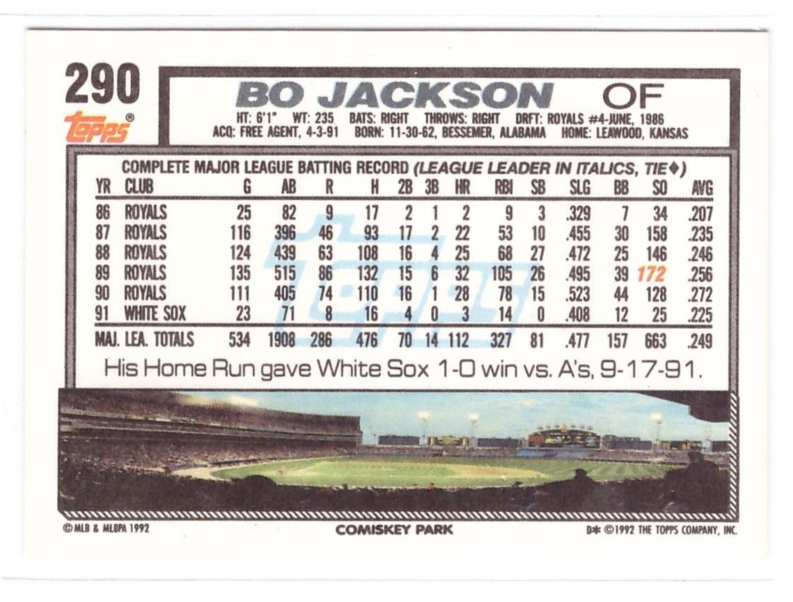 1992 Topps BO JACKSON 290 Baseball Card HOF Super Star - Etsy