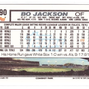 1992 Topps BO JACKSON #290 Baseball Card HOF Super Star - Etsy