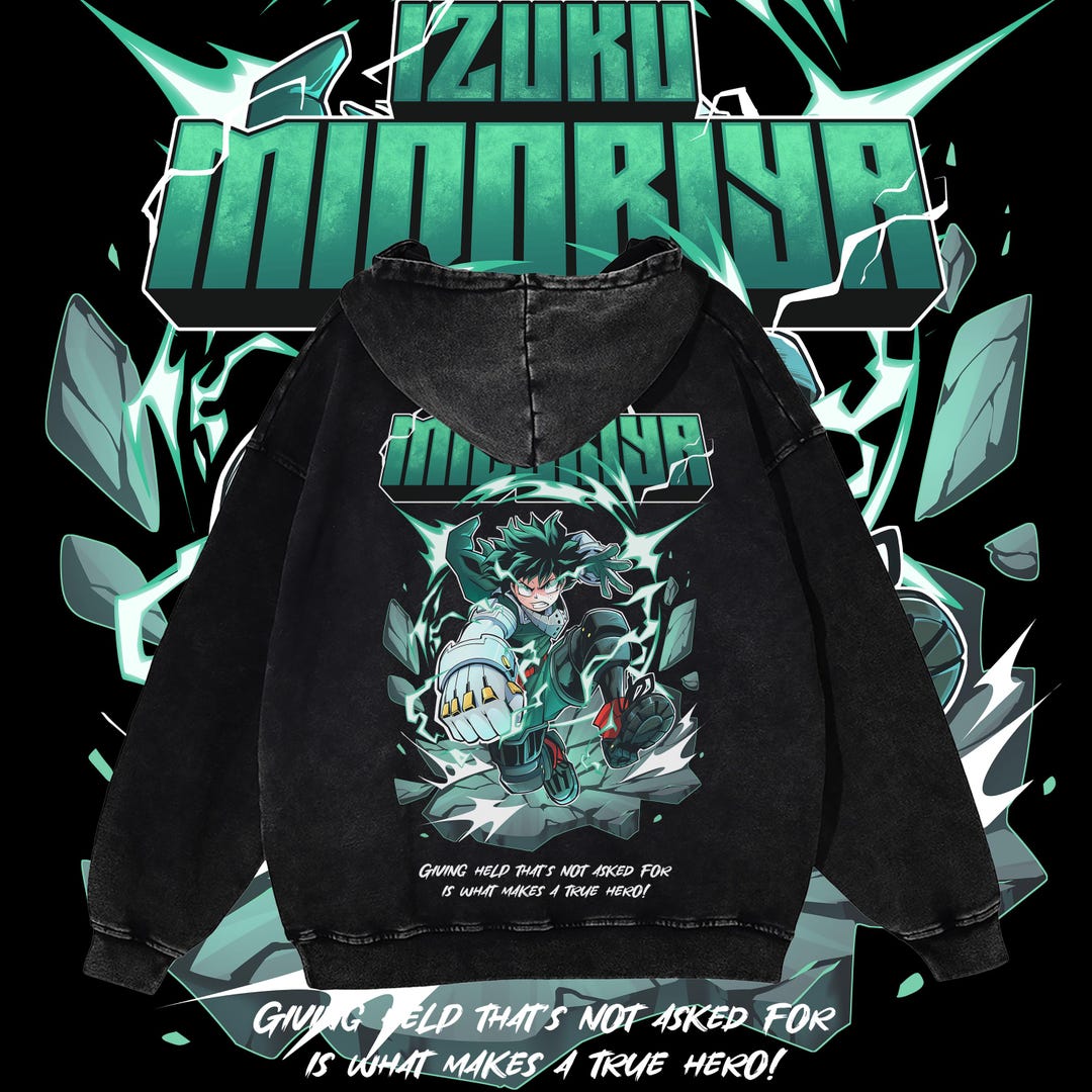 MHA Deku Premium Acid-washed Anime Hoodie Heavyweight Unisex Hoodie ...