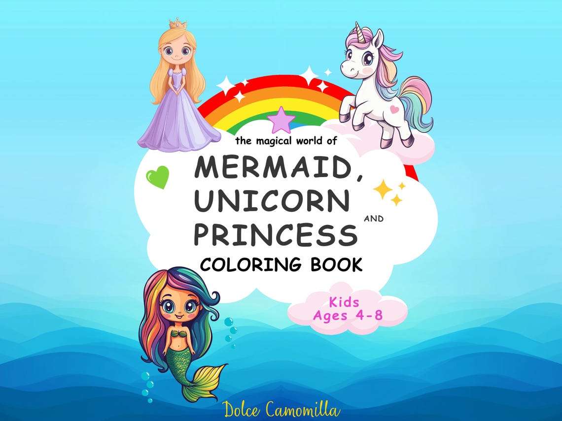 50 Mermaid, Princess, and Unicorns Coloring Pages, for Kids, Printable ...