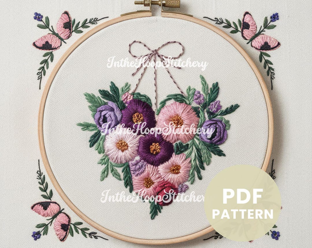 Floral Heart Embroidery Pattern PDF, Embroidery Design PNG, Romantic ...