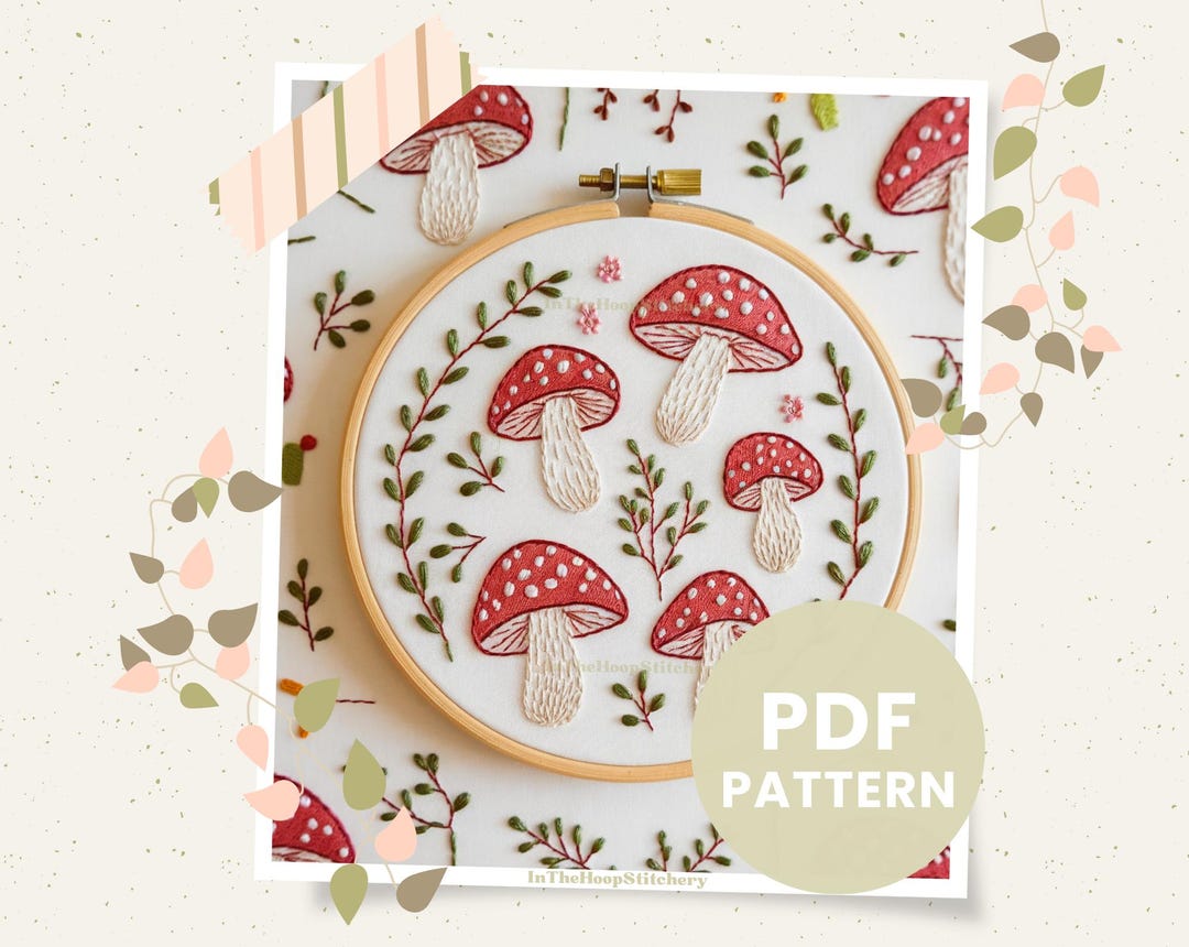 Mushroom Embroidery Pattern Digital Download, Hand Embroidery Files Art ...