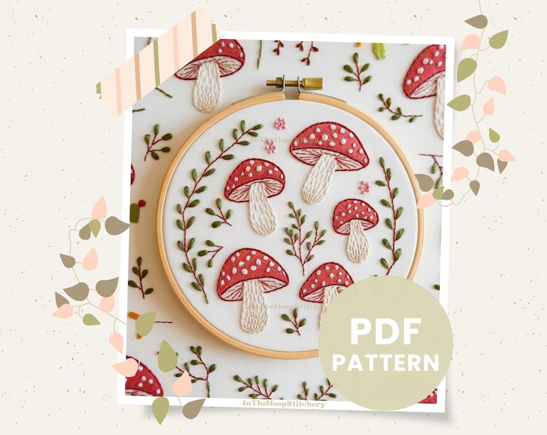 Mushroom Embroidery Pattern Digital Download, Hand Embroidery Files Art ...