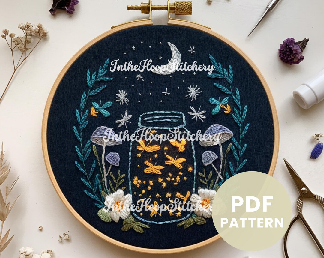 Firefly Jar Embroidery Pattern PDF, Night Sky Hand Embroidery Design ...
