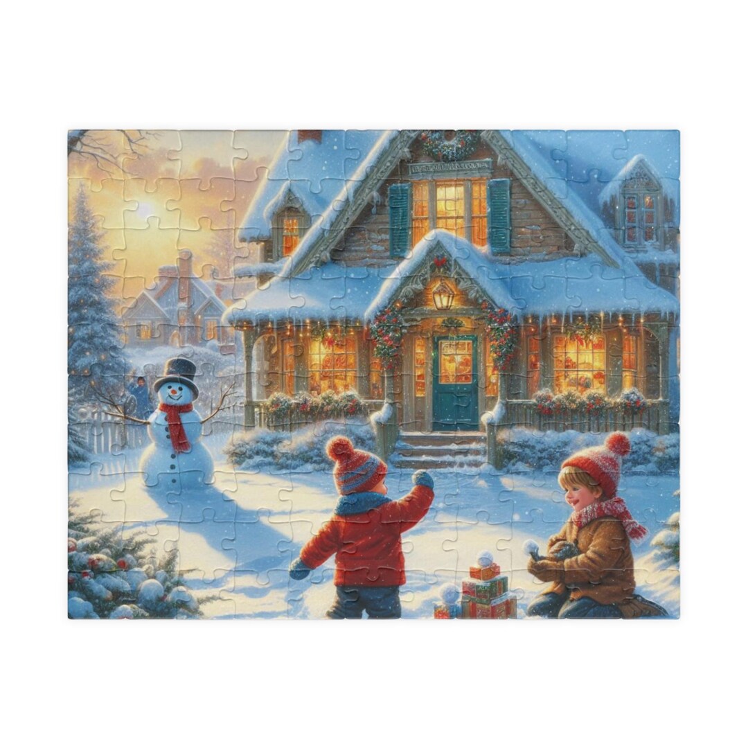 Jigsaw Puzzle, Thomas Kinkade Style, Kids Playing in Snow, Christmas ...