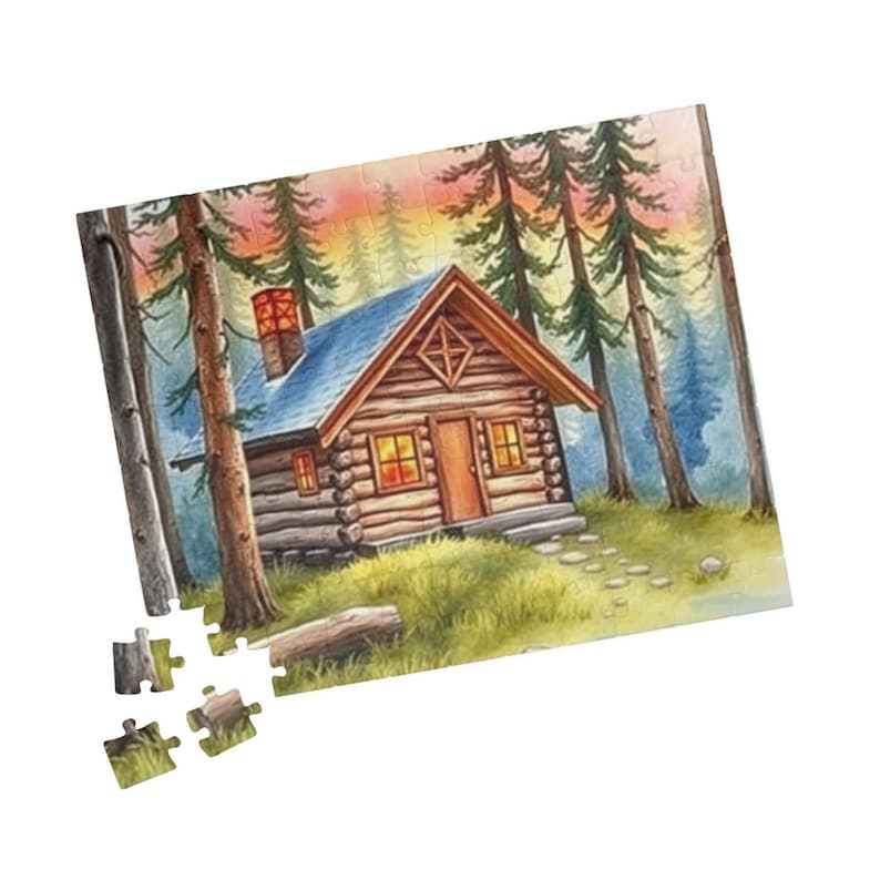 Watercolor Log Cabin Puzzle - Etsy