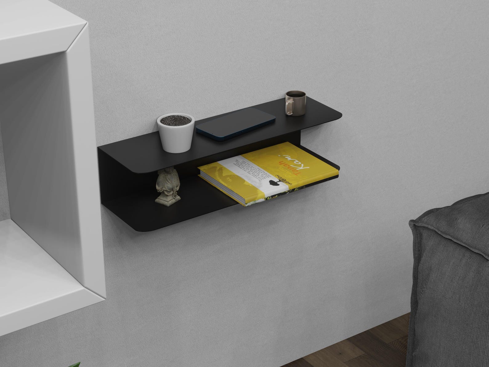 Black Wall Mounted Double-tier Shelf, Minimalist Floating Metal Storage ...