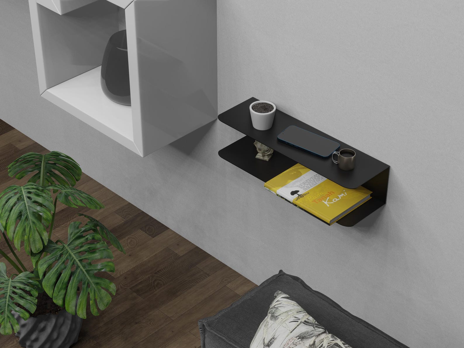 Black Wall Mounted Double-tier Shelf, Minimalist Floating Metal Storage ...