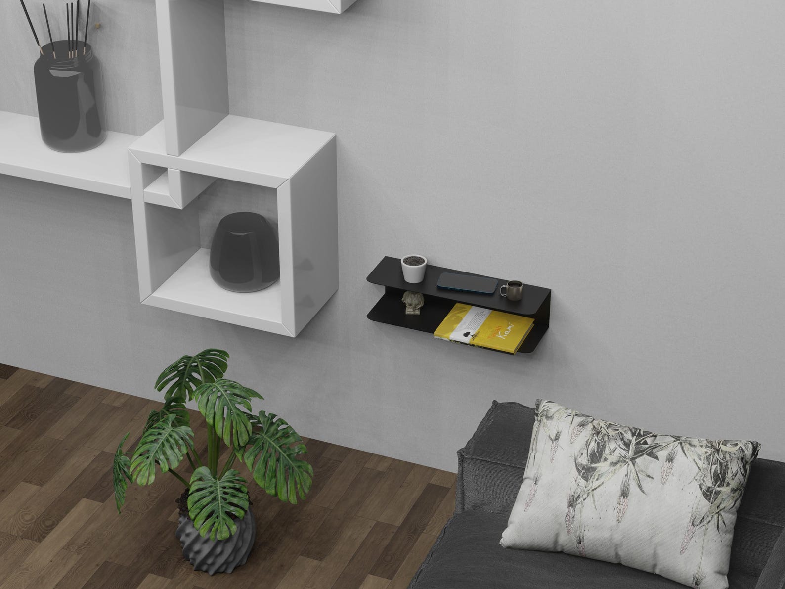 Black Wall Mounted Double-tier Shelf, Minimalist Floating Metal Storage ...