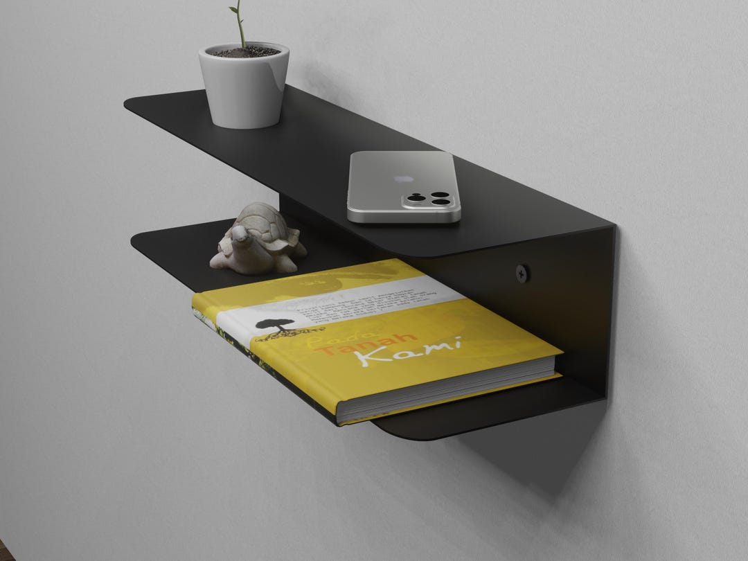 Black Wall Mounted Double-tier Shelf, Minimalist Floating Metal Storage ...