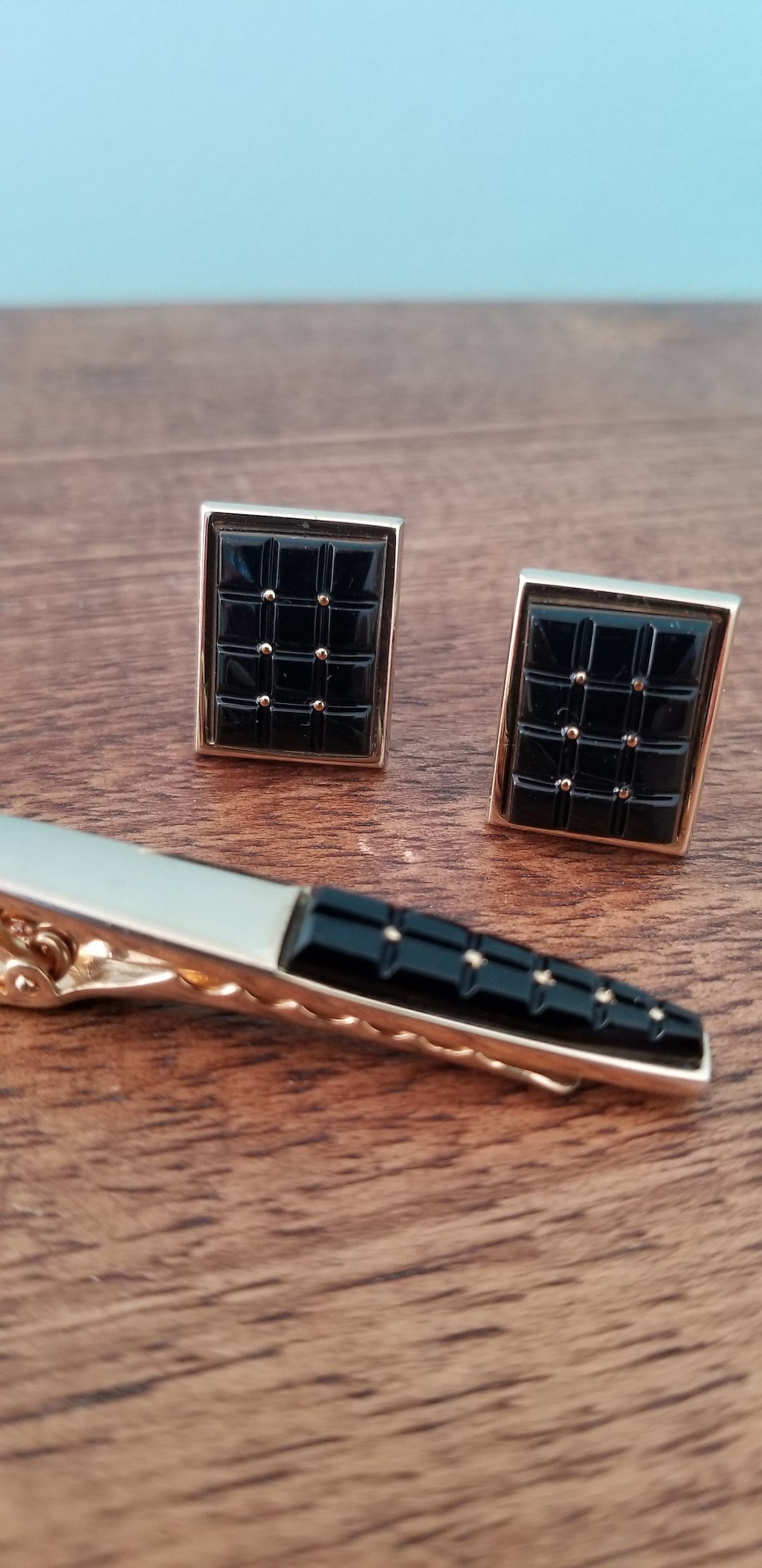 ANSON Cuff Links Tie Bar Set Black Gold Unisex Vintage Accessory - Etsy