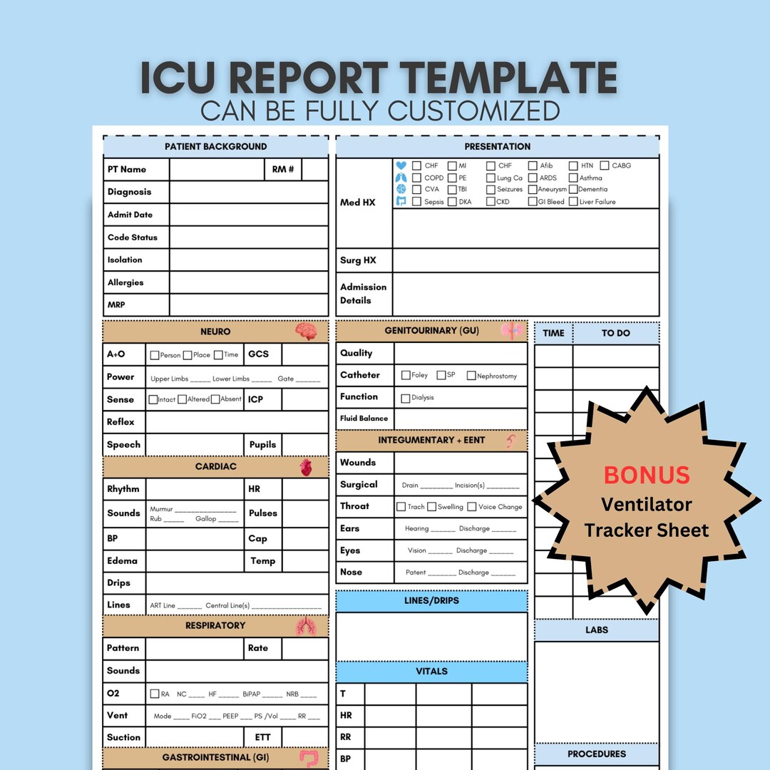 ICU Report Template + Vent Tracker | Brain Sheet | Simple + Detailed - Etsy