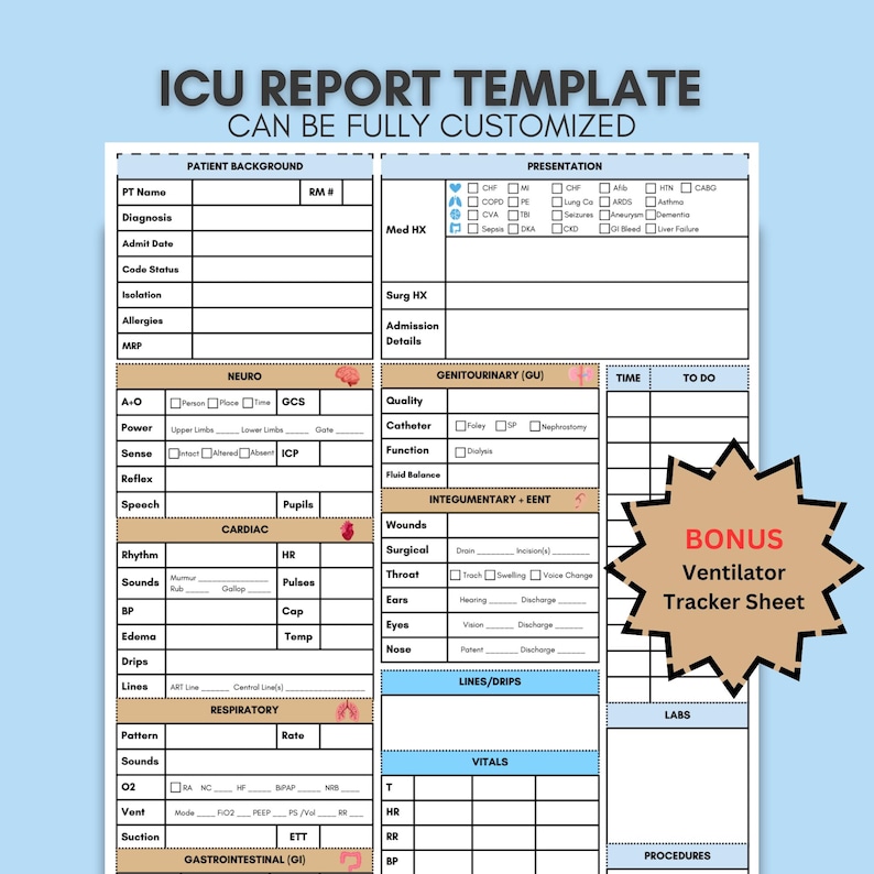 ICU Report Template + Vent Tracker | Brain Sheet | Simple + Detailed - Etsy