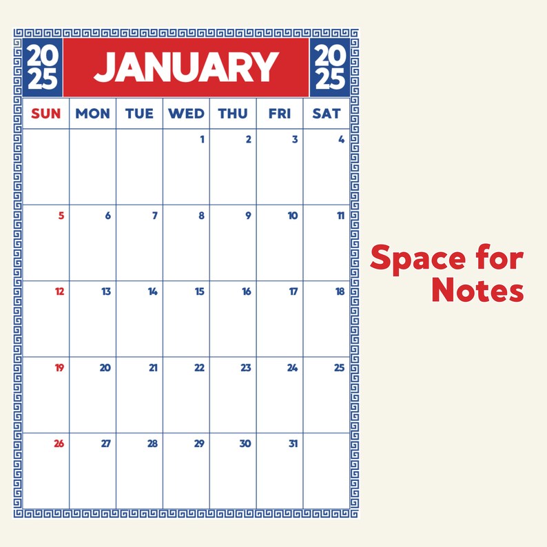 Maximalist Red and Blue Filipino Chinese 2025 Commercial Calendar Tri ...