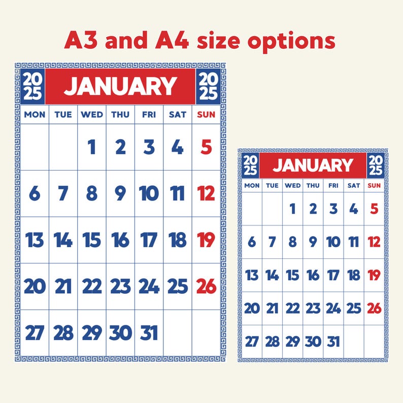 Maximalist Red and Blue Filipino Chinese 2025 Commercial Calendar Tri ...