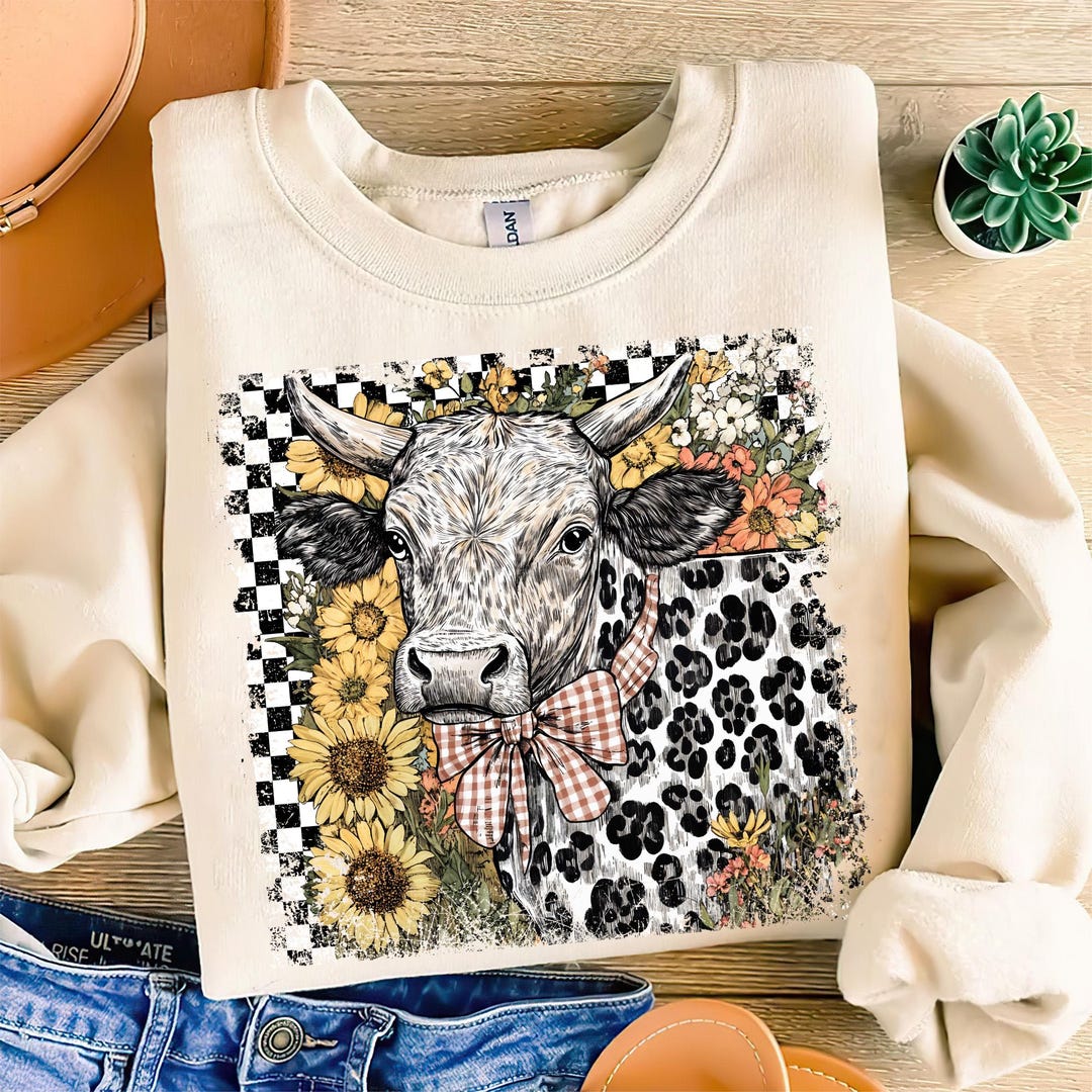 Checkerboard Wildflower Cow PNG, Country Cow Mama PNG, Cow Lover ...