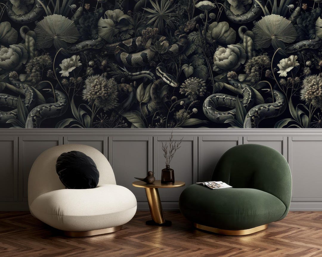 Dark Botanical Snake Wallpaper , Intricate Serpent and Floral Dark ...