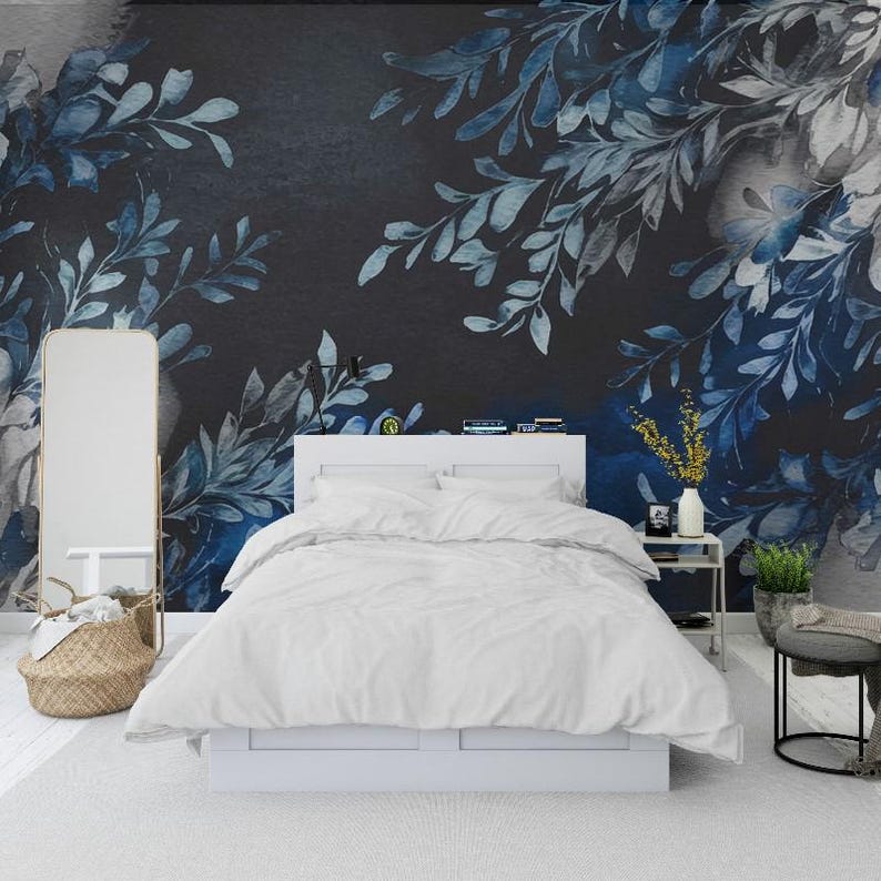 Navy Blue Botanical Wallpaper, Watercolor Floral Design for Living ...