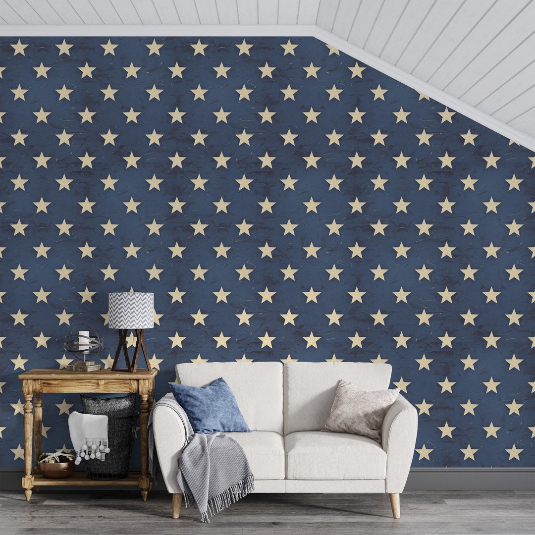 Vintage Star Pattern Wallpaper, Classic Americana Blue Star Wall Mural ...