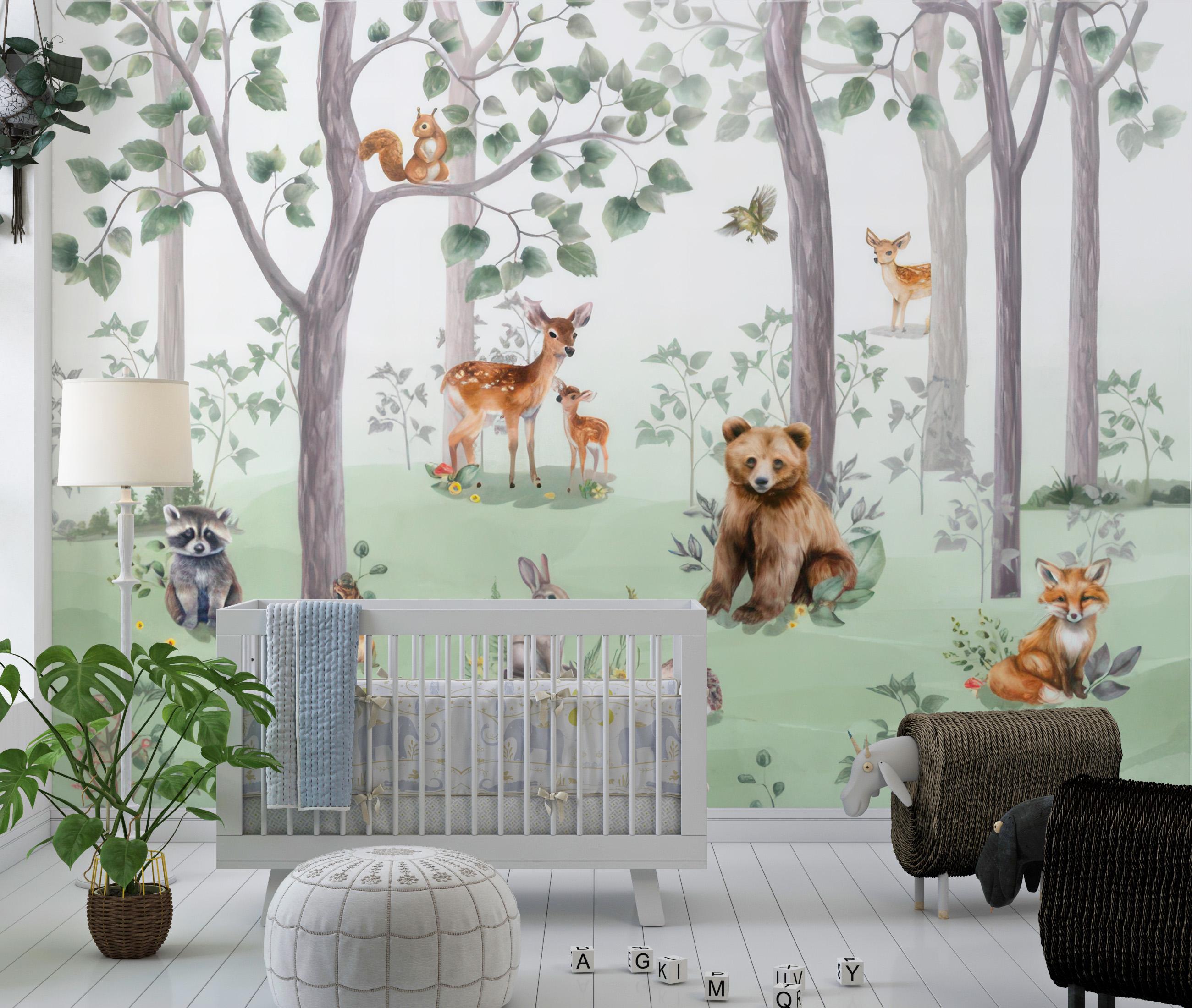 Woodland Forest Animals Wall Mural, Nursery Wallpaper, Kids Room Decor ...