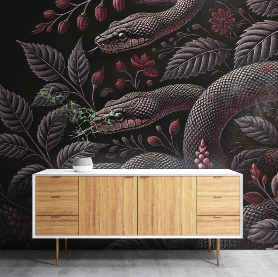 Dark Snake Wallpaper, Gothic Botanical Wall Mural, Removable Peel and ...