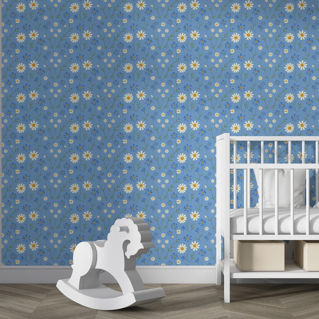 Charming Blue Floral Daisy Wallpaper, Vintage-inspired Wildflower ...