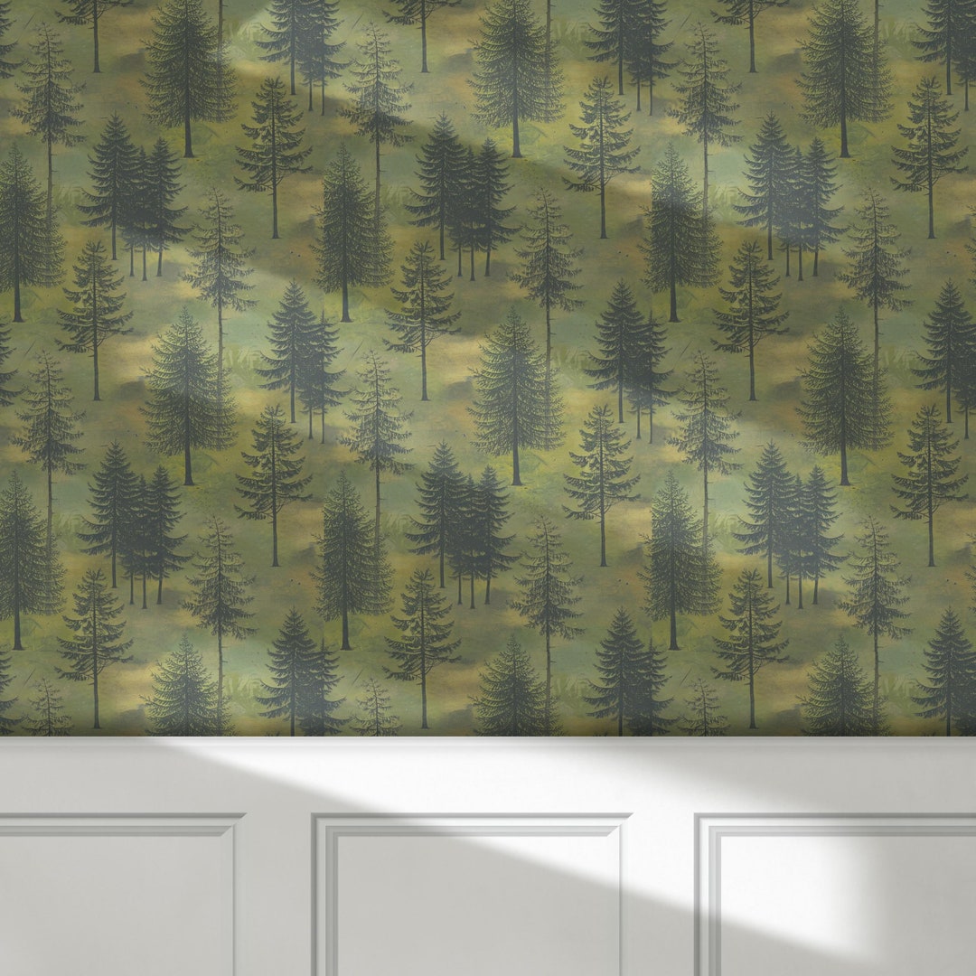 Forest Tree Wallpaper, Rustic Woodland Wallpaper, Green Pine Tree ...