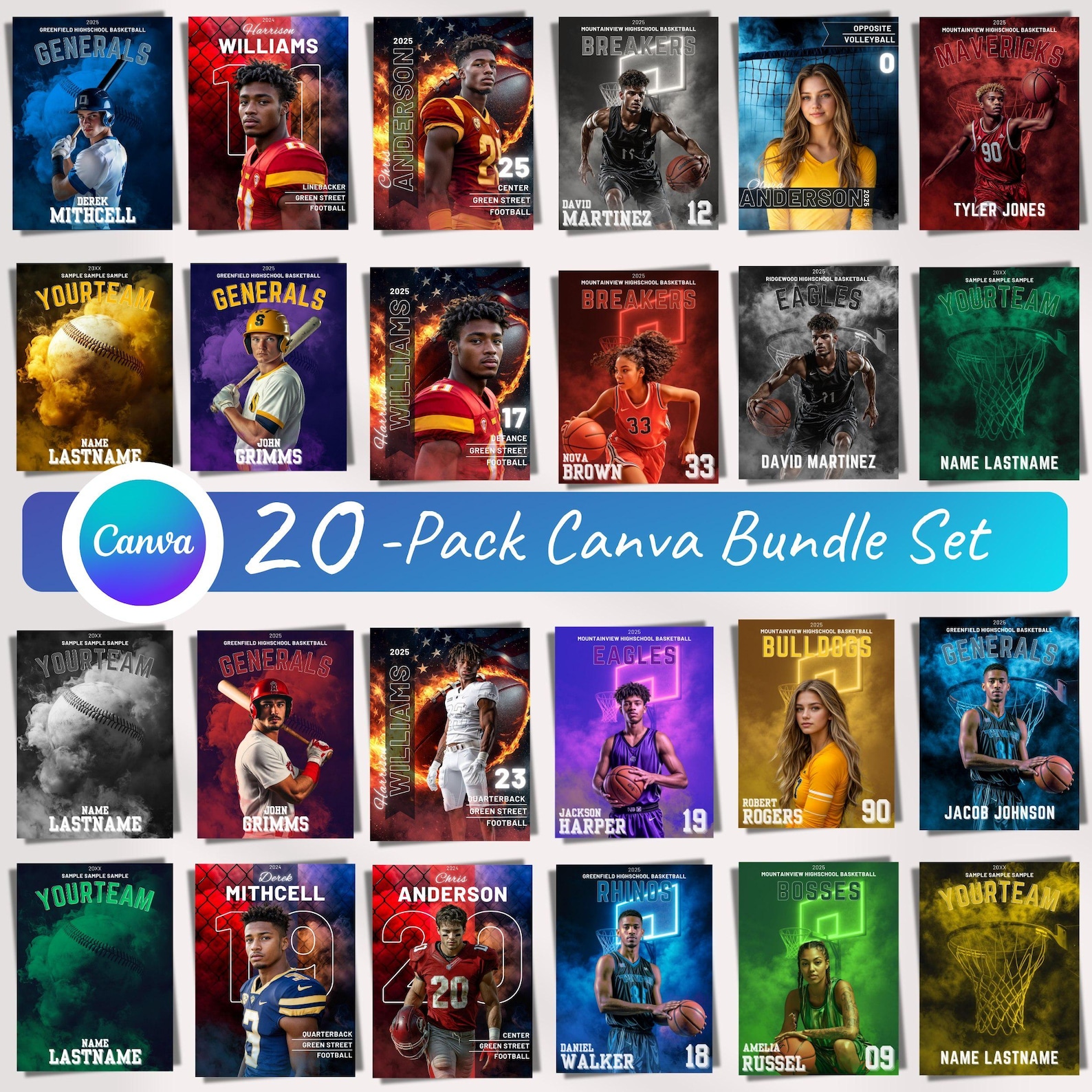 20 Bundle Canva Custom Sports Templates Bundle | Canva Photo Basketball ...