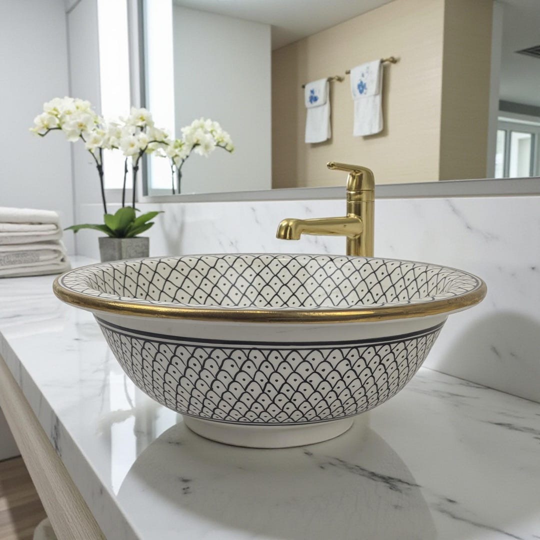 Moroccan Ceramic Sink “casablanca Elegance” – Handmade Black and White ...