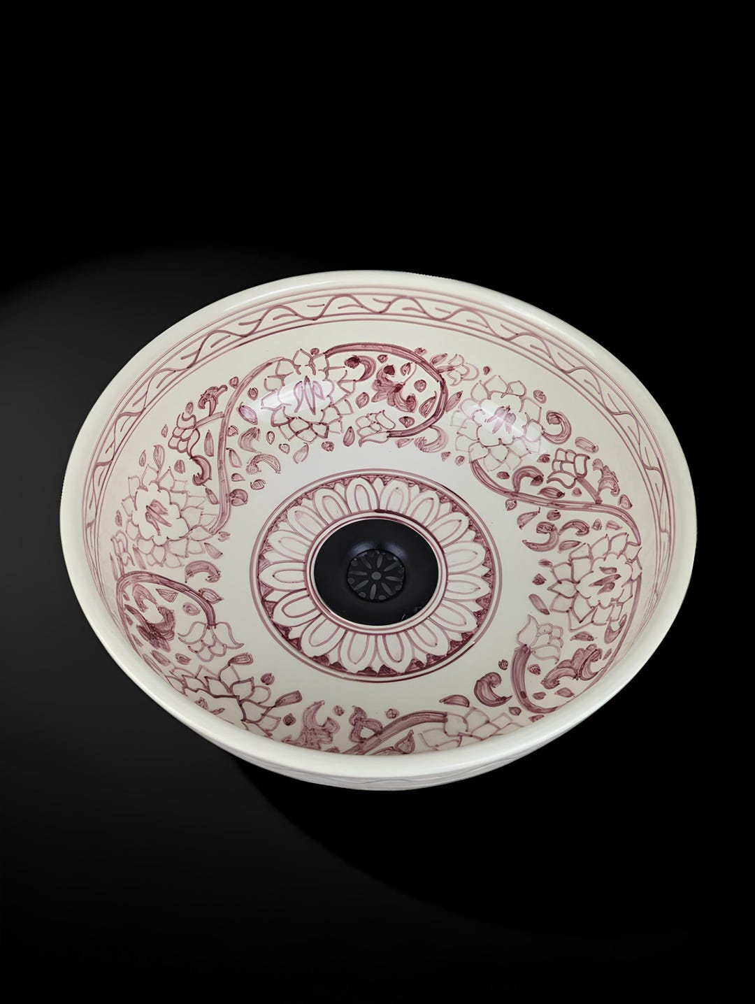 Moroccan Ceramic Sink – Handmade Burgundy Floral Round Vessel Basin ...