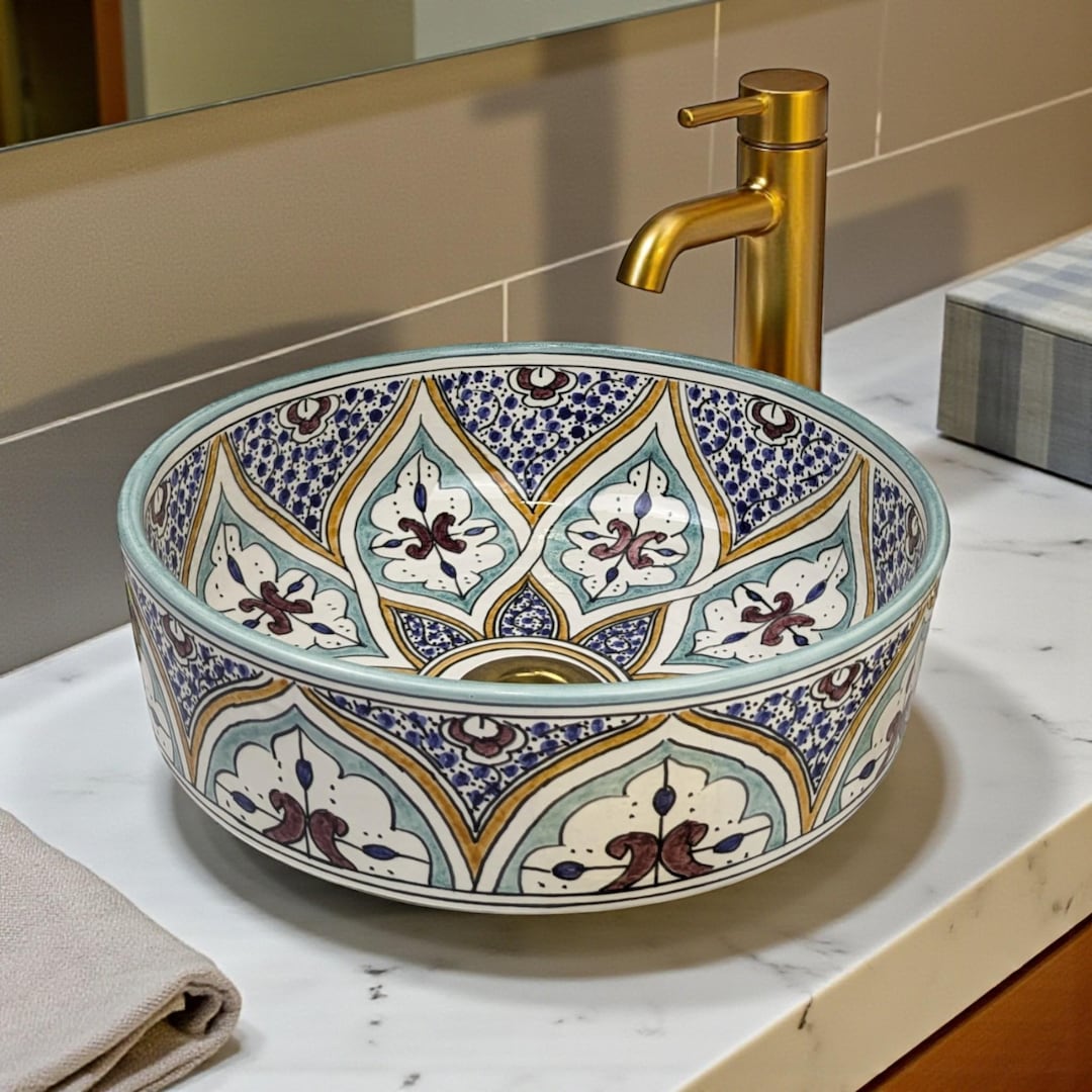 Moroccan Ceramic Sink – Hand Painted Star and Floral Pattern, Green ...