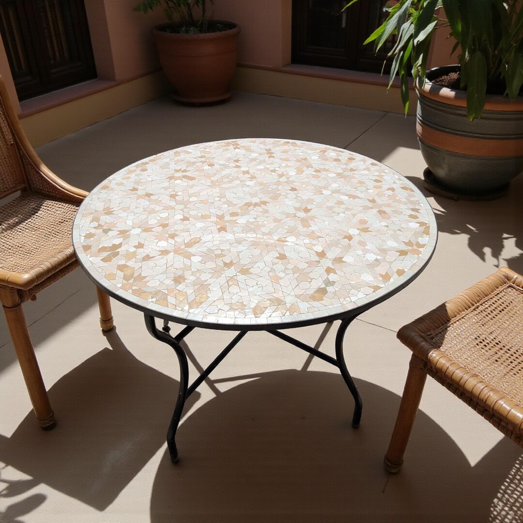 Atlas Beige – Moroccan Mosaic Table, Handmade Round Zellige Patio Table ...