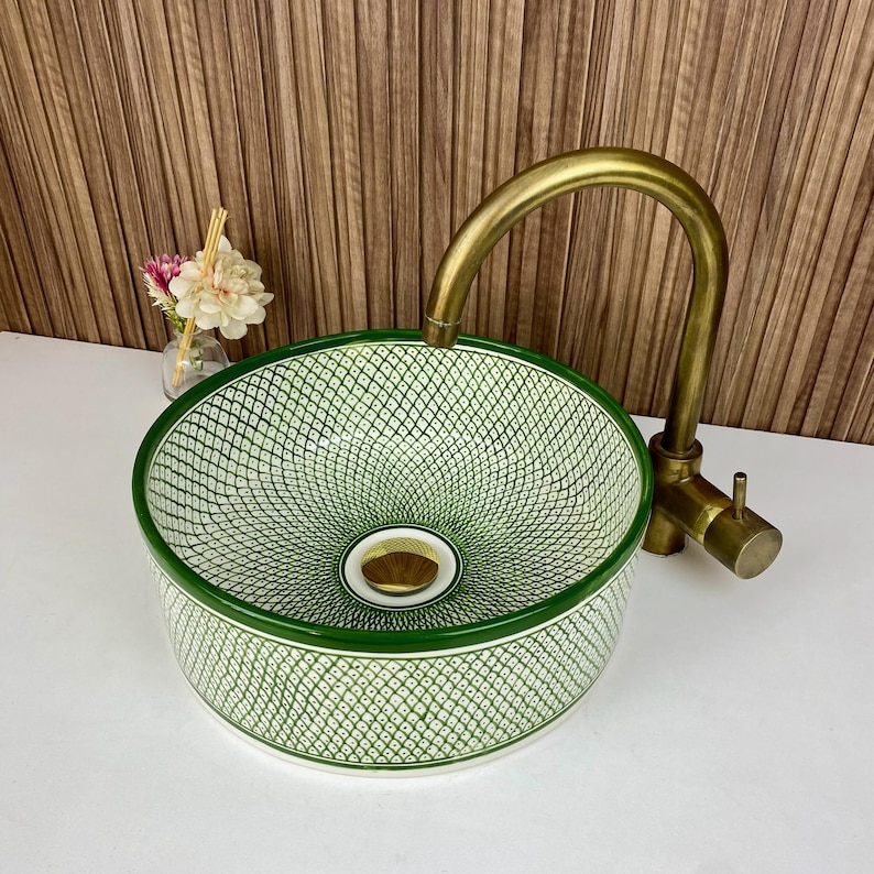 Green Moroccan Ceramic Vessel Sink – Handmade Artisan Washbasin With ...
