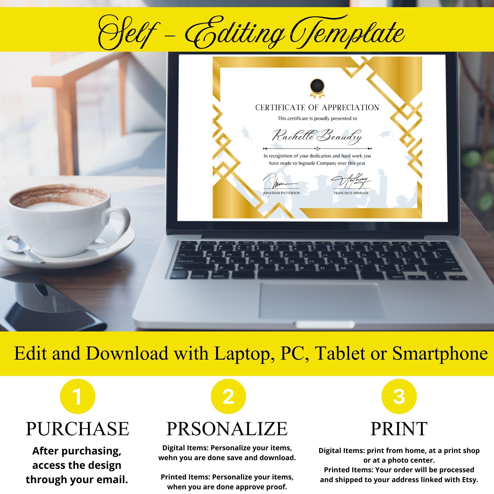 Editable Certificate of Completion Template: Elegant Gold Design ...
