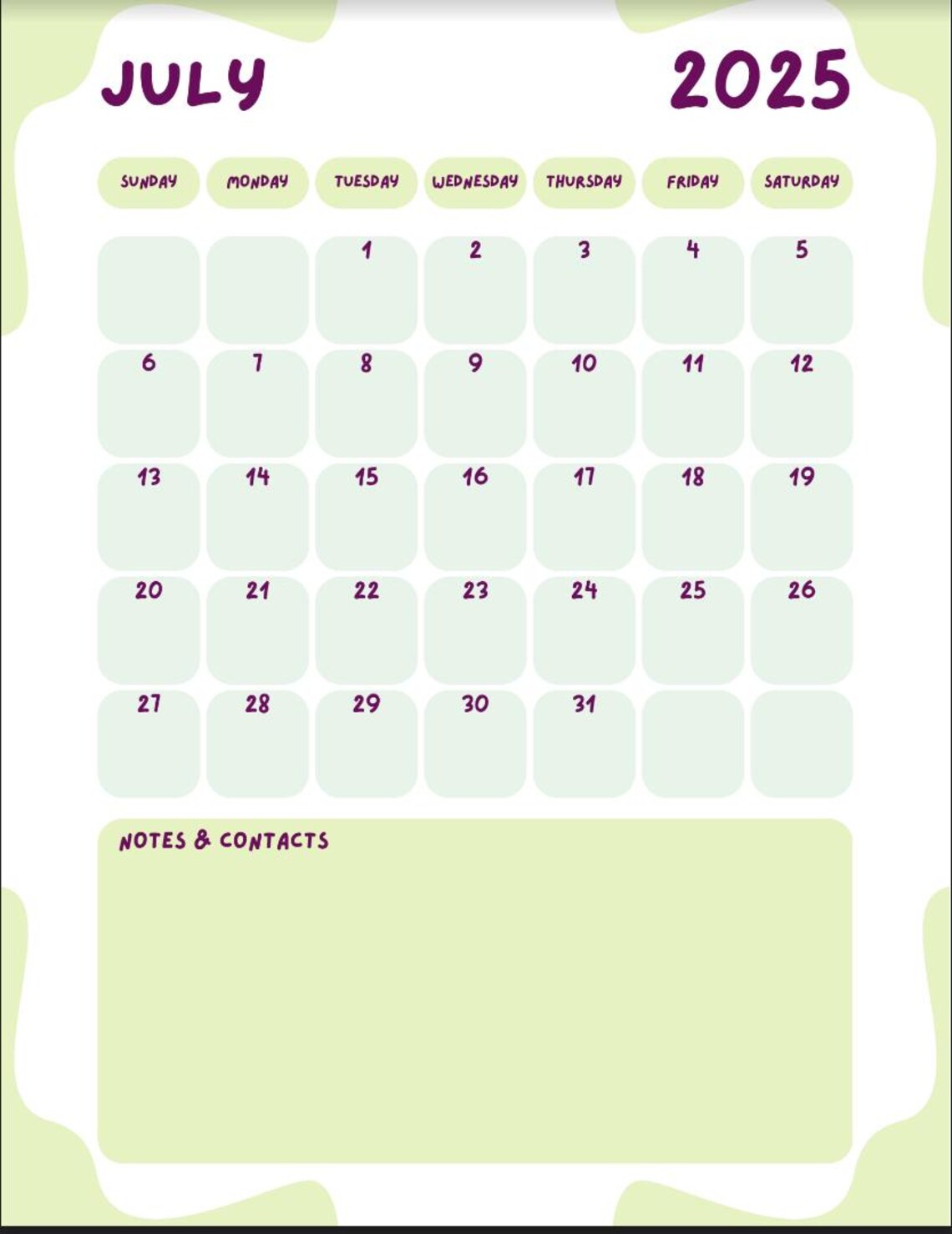 Printable Minimalist Calendar 2025 Baby Green - Etsy