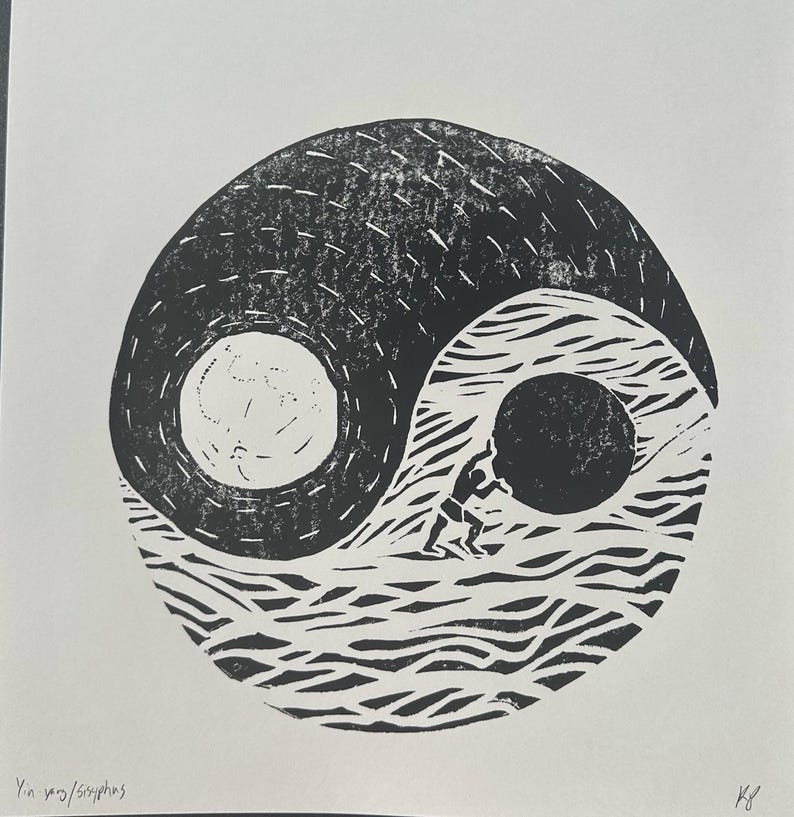 Handmade Linocut Print: Yin-yang X Sisyphus - Etsy