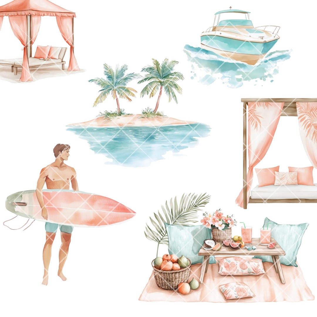 Watercolor Summer Clipart Bundle, 90 PNG Beach Elements in Pastel ...