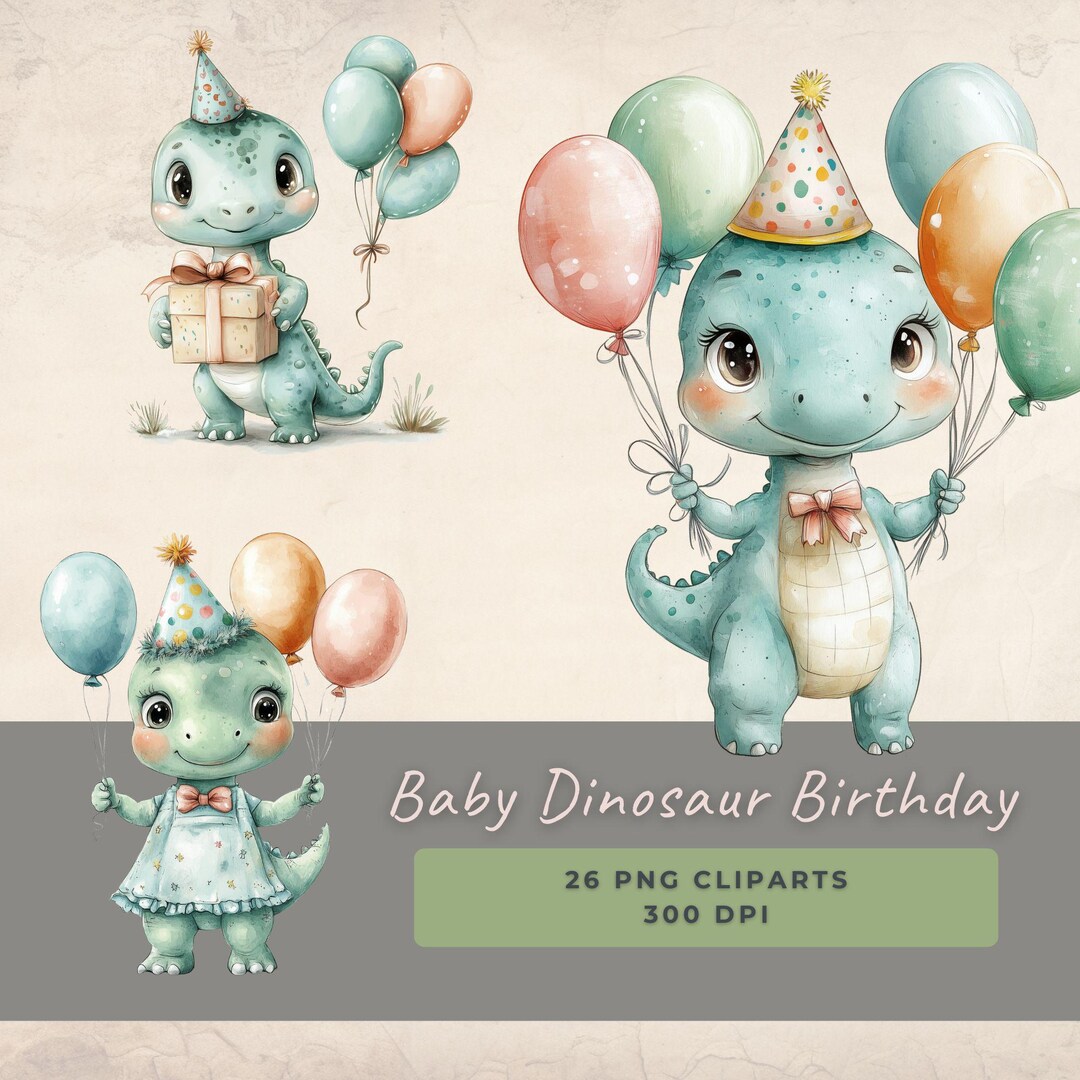 26 Dinosaur Birthday Party Clipart, Baby Cute Dino PNG, Balloons ...