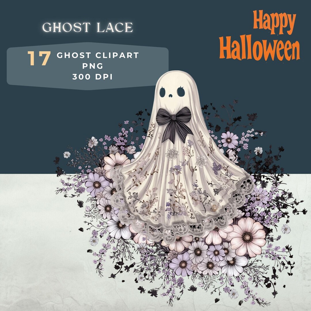 17 Ghost Lace Clipart PNG, Halloween Ghosts With Flowers, Watercolor ...