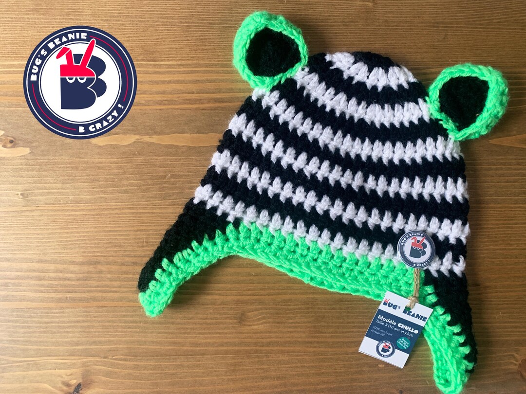 Beetlejuice Striped Cat Ears Crochet Hat, CHULLO Model by BUG'S BEANIE ...